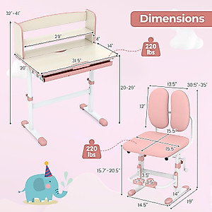 Costzon Kids Desk and Chair Set, Height Adjustable Children School Study Table and Chair Set w/Tilt Desktop, Storage Drawer Hutch, Student Computer Workstation, Kids Desk for Girls Bedroom (Pink)