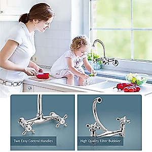 Aolemi Polish Chrome Wall Mount Kitchen Sink Faucet 3 to 9 Inch Adjustable Spread Double Cross Handle Mixer Tap