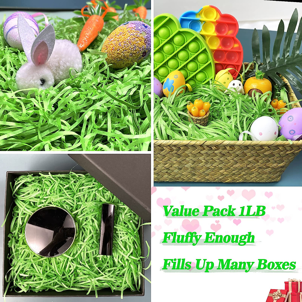 Dolkoic 1LB Easter Green Grass Raffia Grass Large Pack Green Recyclable Shred Paper for Easter Gift Basket Filler Easter Party Decoration Wrapping Basket Filling