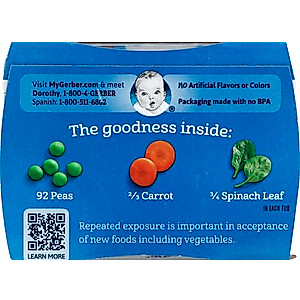 Gerber Baby Food Pea Carrot Spinach Puree, 4 Oz, 2 Pack Tubs