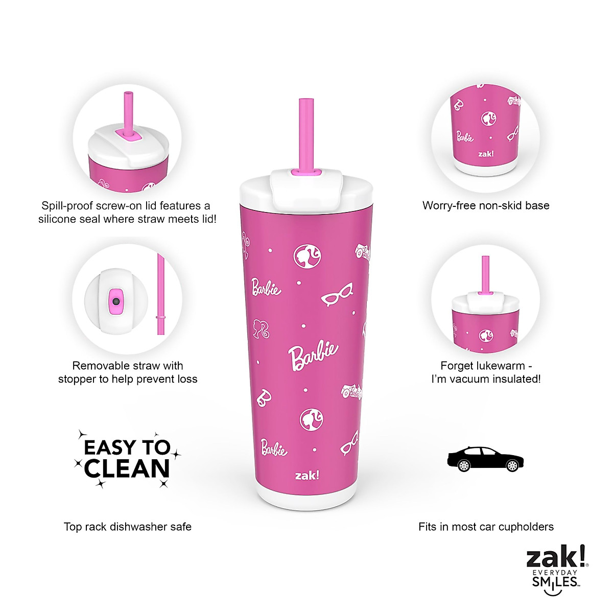 Zak Designs Barbie Beacon Straw Tumbler for Travel or At Home, 24oz Stainless Steel with Vacuum Insulation and Non-Skid Base (Barbie)