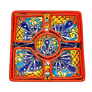 Enchanted Talavera Mexican Pottery Ceramic Large Appetizer Tray Serving Dishes Platter Dish Food Plate Condiments Organizer (Square 6 Piece Set, Red)