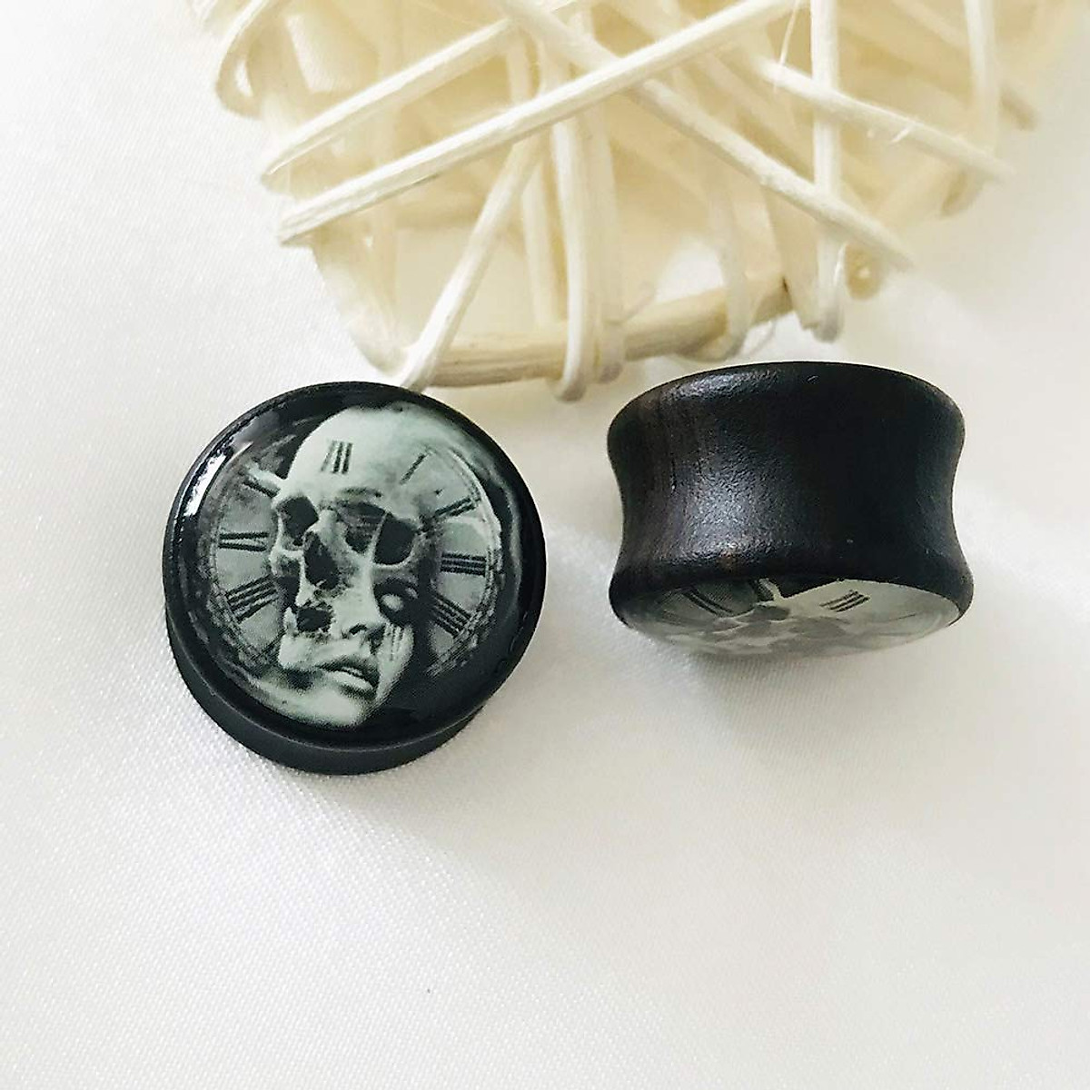 SERYNOW Wood Ear Gauges Plugs Double Flared Saddle Plugs Ear Stretcher Expander Skull Plugs Piercing Jewelry (00g (10mm))