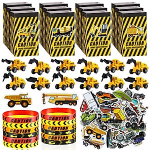 Construction Theme Party Favors Birthday Supplies Goodie Favor Bags Waterproof Truck Car Sticker Mini Engineering Car Toys Rubber Bracelets for Shower Return Present Construction Supplies (86)