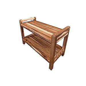 EcoDecors Teak Shower Bench 29" Wood Shower Seat Stool with Storage Shelf and LiftAide Arms, Eleganto Shower Bench for Indoors and Outdoors