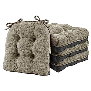 LOVTEX Kitchen Chair Cushions Set of 4, Non-Slip Chair Cushions for Dining Chairs, Shredded Memory Foam Chair Pads with Ties, Tufted Dining Chair Cushions, 15.5" x 15.5", Khaki