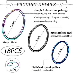 LOYALLOOK 18Pcs 20G 316L Stainless Steel Nose Ring Hoop Cartilage Hoop Septum Piercing 6mm,8mm,10mm