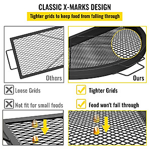 VEVOR Foldable Fire Pit Grate Round Heavy Duty X-Marks BBQ Grill with Portable Handle & Support Wire for Outdoor Campfire Party & Gathering, 30 Inch Black