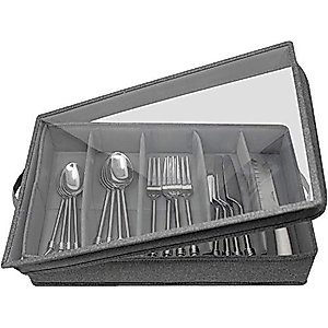 Sorbus Flatware Storage Chest with Clear Lid, Great Fabric Container Box for Organizing Utensils, Silverware, Flatware, Large Capacity, Gray