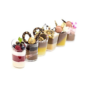 Open Cut Slanted Round Dessert Cups - 3 ounce - 40 Count - Spoons Included - Clear Plastic - Slanted Cylinder Mini Dessert Cup - Appetizer Cup - Tasting Glass-Sample Shot Glass -Disposable or Reusable