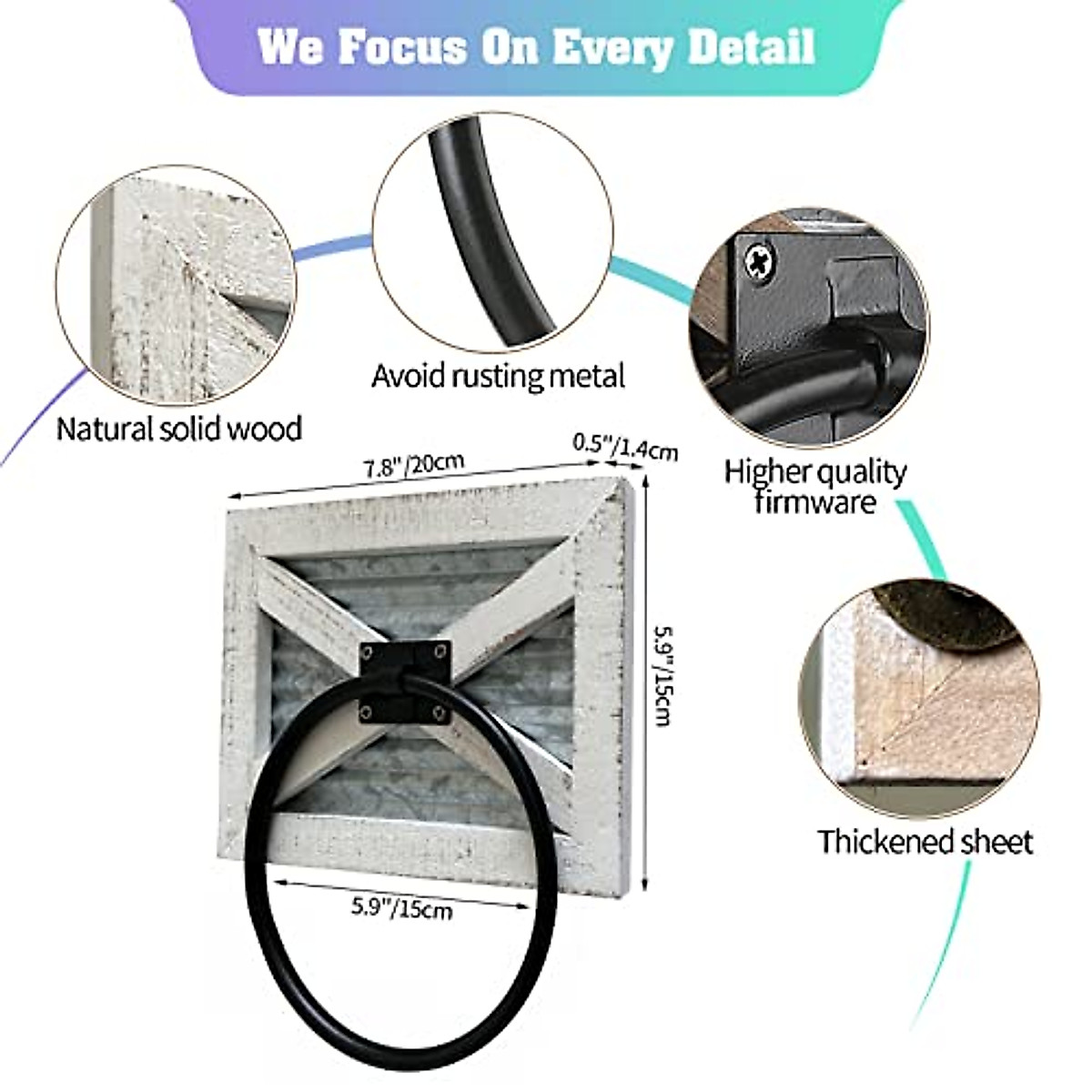 Farmhouse Bathroom Rustic Towel Ring with Galvanized Metal& Black Metal - Rustic Weathered White Wood Wall Mount Hand Towel Holder for Country Bathroom Decor