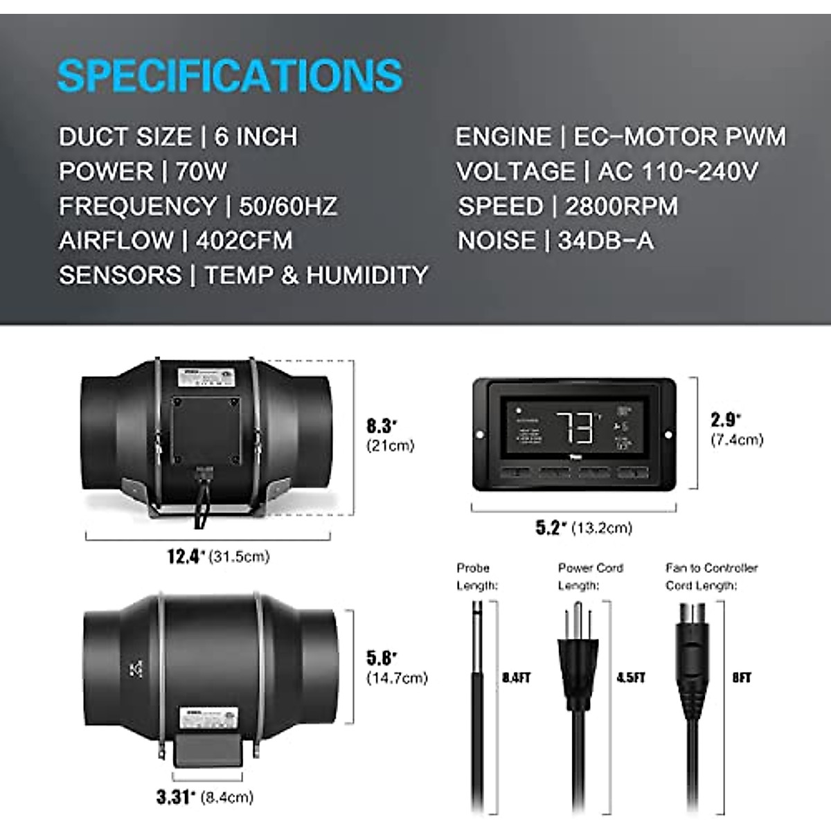 iPower Smart Ventilation Inline Fan 6 Inch with Temperature Humidity Controller, WiFi App, Voice Control with Alexa, Carbon Filter and 8 Feet PVC Ducting for Grow Tent, Black