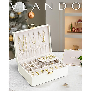 Vlando 2 Layer Jewelry Box Large Jewelry Organizer for Women Removable Jewelery Tray for Necklace Earrings Rings Bracelets Jewelry Boxes for Christmas Gifts Wedding Gifts (Cream White)