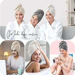 YFONG 3 Pack Large Microfiber Hair Towel Wrap, 30" x 10" Anti Frizz Quick Dry Hair Towels for Women Long, Curly, Thick Hair, Super Absorbent Hair Turban for Wet Hair (Grey, White, Camel)