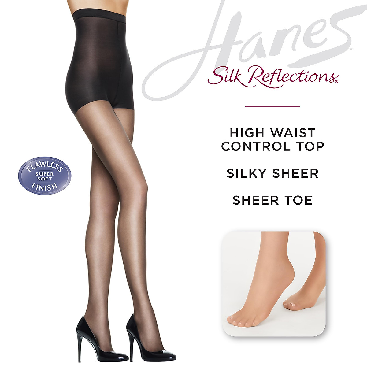 Hanes Silk Reflections Control Top Sheer Toe Silky Sheer High Waisted Pantyhose, Little Color, Size AB (Pack of 1)