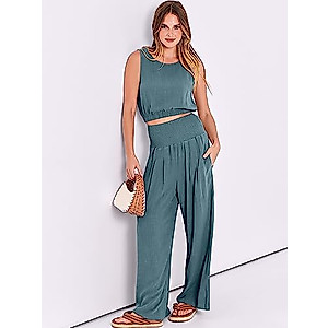 ANRABESS 2 Piece Summer Outfits for Women Casual Lounge Matching Sets Linen Crop Top Long Smocked Waistband Pants Jumpsuits Summer Vacation 2023 Fashion Clothes A1093hulv-M