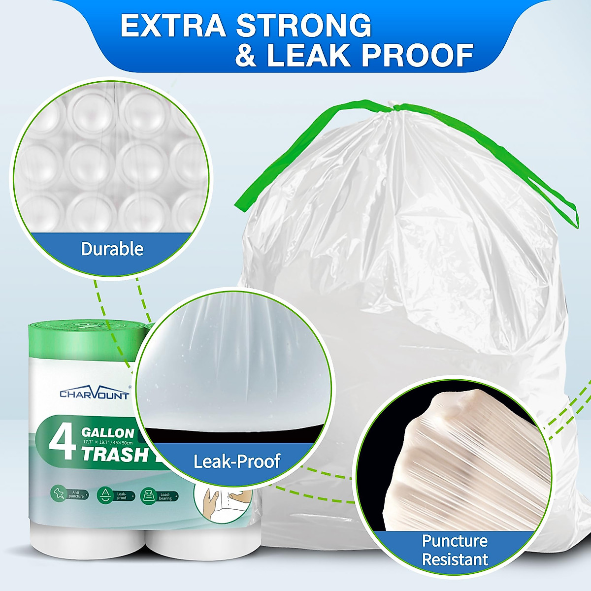 Charmount 4 Gallon Trash Bag Drawstring, 0.8 Mil Thicken Small Garbage Bags Bathroom Trash Can Liners,Unscented,50 Count
