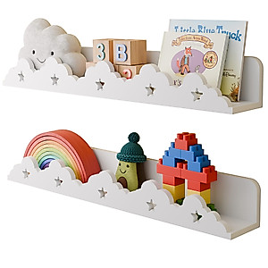 Sumbame Nursery Shelves for Wall Set of 2 - White Cloud Floating Bookshelf for Kids, 24 Inch Scalloped Picture Ledge Shelf, Display Shelf for Baby Bedroom, Nursery Decor, Baby Playroom, Toy Storage