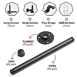 Pipe Shelf Brackets 12 Inch, Industrial Iron Pipe Floating Shelf Bracket Heavy Duty Metal Shelving Brackets for Shelves- 6 Pack Black (12 inch-6 Pack)