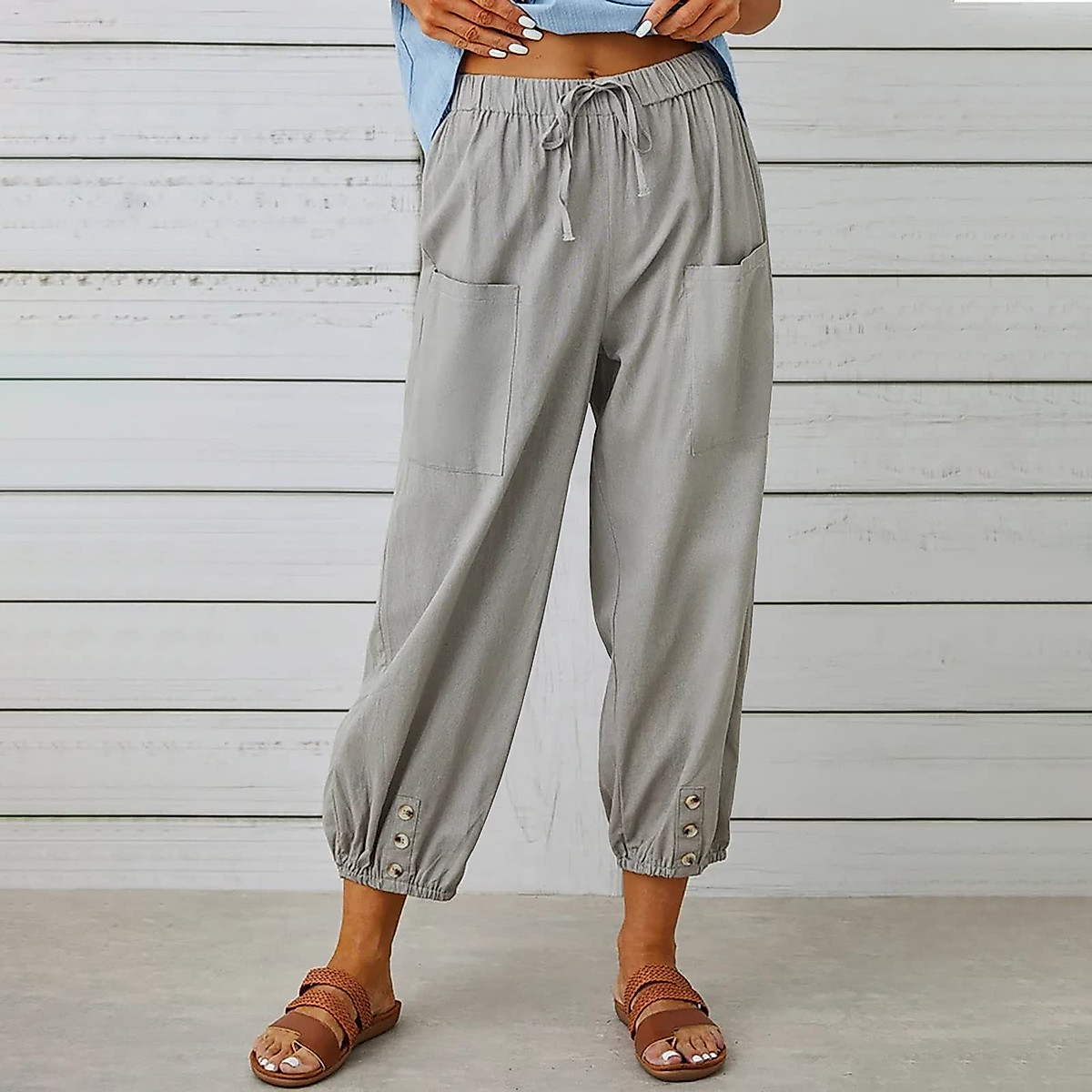 Womens Casual Capri Pants Elastic Waist Drawstring Summer Lounge Baggy Trousers Cinch Bottom Lantern Ankle Pants with Pockets
