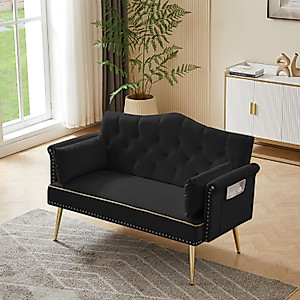 Small Velvet Loveseat Sofa with Gold Metal Legs,55-inch Modern Sofa Couch with 2 Side Pockets,Couch with Tufted Backrest for Living Room Bedroom Office (Black)