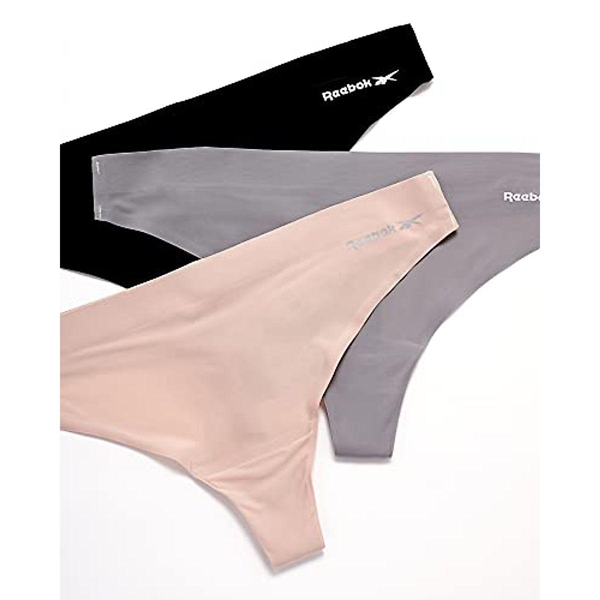 Reebok Women's Thong Underwear - 3 Pack or 6 Pack Performance Stretch Sexy Seamless Thong Panties for Women (Sizes: S-XL), Size X-Large, Black/Rose Dust/Grey - 3pk