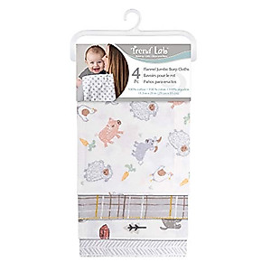 Farm Friends 4 Pack Flannel Burp Cloth Set - Herringbone, Dogs, Plaid and Farm Animal prints, Gray, Yellow, Taupe, and Brown, 100% Cotton Flannel, 11.5 in x 20 in Each