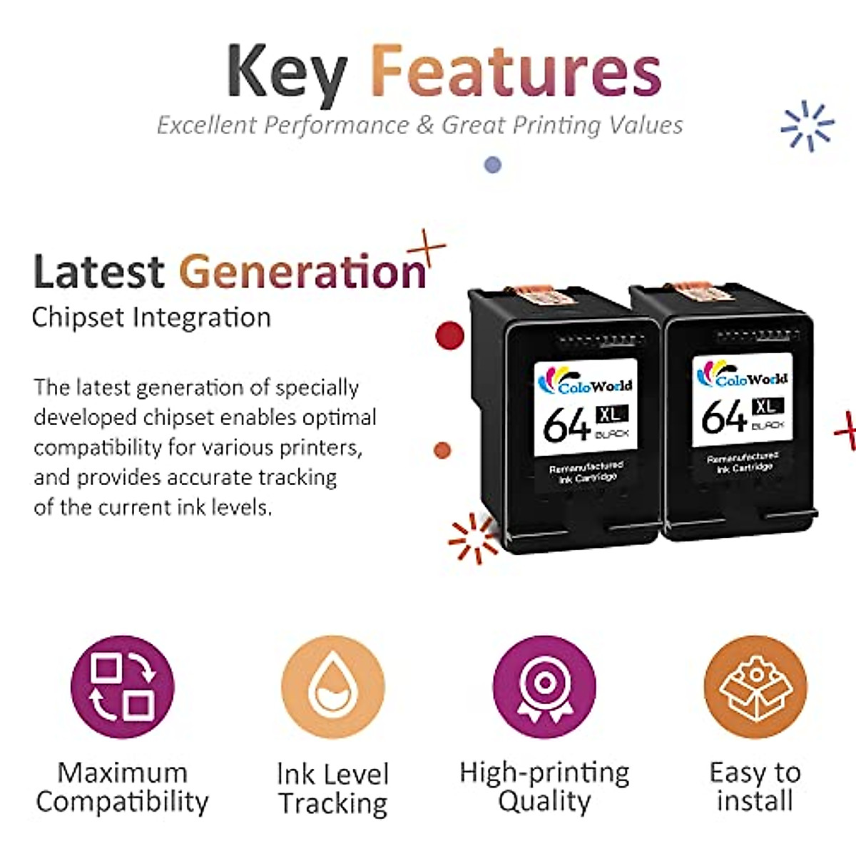 ColoWorld for HP 64XL Black Ink Cartridge for HP64XL Black Compatible for HP Envy Photo 7855 7155 6255 7164 6222 6252 7134 7830 7864 7800 6230 6220 6234 7120 7858 Tango, Inspire 7955e Printer