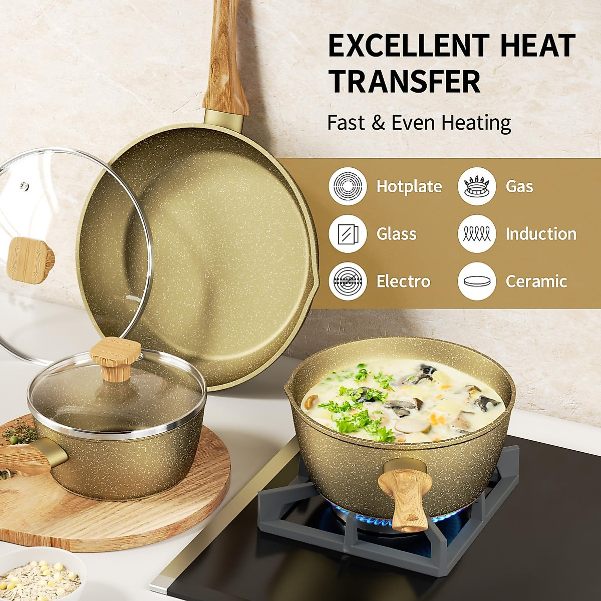 Innerwell Nonstick Frying Pan Set,Non Stick Sauce Pan Set with Lid Gold Granite Pans,1.5QT+2.5QT Saucepan 9.5 Inch Frying Pan Induction Cookware Set,PFOA Free