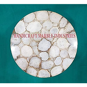 Natural White Agate Stone Round 21" x 21" Inch Table with Gold Foil Border & Metal Base, White Agate Stone Coffee Table & Metal Stand, White Agate Coffee Table, Piece Of Conversation, Family HeirLoom