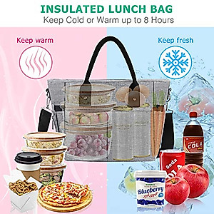 KIPBELIF Insulated Lunch Bags for Women - Large Tote Adult Lunch Box for Women with Shoulder Strap, Side Pockets and Water Bottle Holder, Gray, Extra Large Size