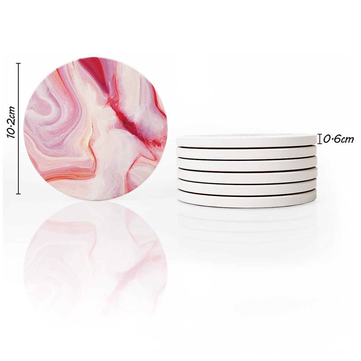 AD Set of 6 Coasters for Drinks Absorbing Round Ceramic Stone Coaster with Cork Base Tabletop Protection Mat for Mugs and Cups,Office,Kitchen (Pind Marble with Holder)