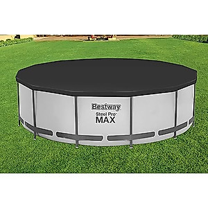 Bestway Flowclear PVC Round 12 Foot Pool Cover for Above Ground Frame Pools with Drain Holes and Secure Tie-Down Ropes, Black (Cover Only)