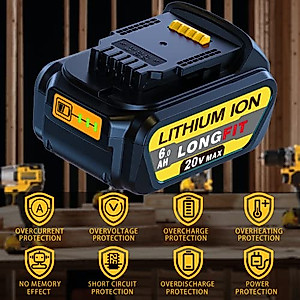 LONG FIT 2 Packs Replace for DeWalt 20v Battery 6.0Ah (DCB206), Replace for DeWalt Battery 20V Max DCB205-2 DCB206 DCB180 DCB204 DCB203 DCB20, Compatible with DeWalt 20V Cordless Power Tools