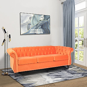 LEVNARY Velvet Chesterfield Sofa, Classic Tufted Upholstered Couch, Modern 3 Seater Couch Long Settee Furniture with Tufted Back for Living Room Office (Orange)