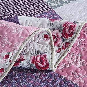 HoneiLife King Size Quilt Set - 3 Piece Microfiber Quilts Reversible Bedspreads Patchwork Coverlets Floral Bedding Set All Season Quilts-Purple Rose