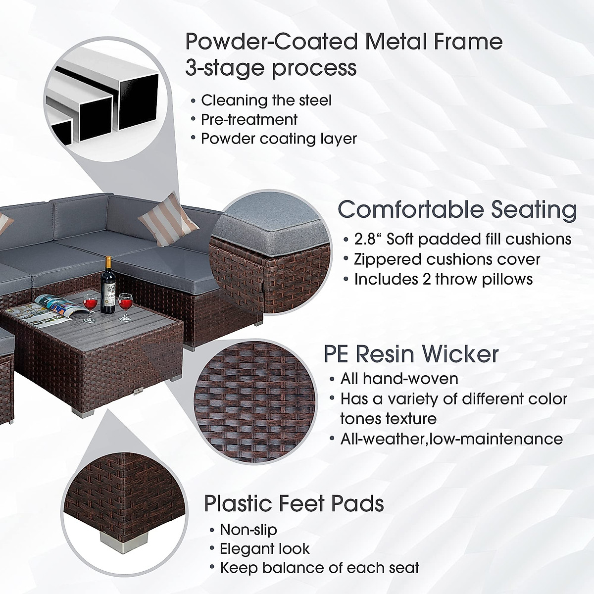 7 Piece Outdoor Patio Furniture Sets with Cushions, Outdoor PE Rattan Wicker Sectional Conversation Patio Couch Sofa Set with Coffee Table, for Garden, Deck, Poolside, Gray