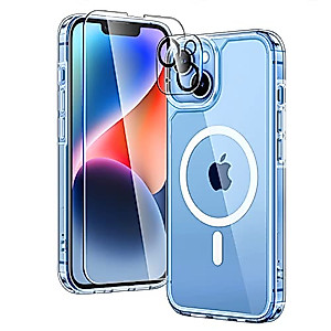 TAURI 5-in-1 Magnetic for iPhone 13 Case for iPhone 14 Case [Designed for Magsafe], with 2X Screen Protectors +2X Camera Lens Protectors, [Not-Yellowing] Magnetic Phone Case for iPhone 13/14, Clear