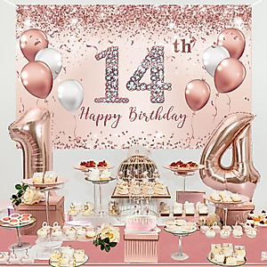 Trgowaul 14th Birthday Decorations Party Set for girls, Rose Gold 14 Birthday Banner and Tablecloth, 14 & Fabulous Sash and Tiara, 1PC Happy 14th Birthday Cake Topper, Pink Gold 14 Number Balloons