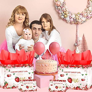 SUNDECO Strawberry Themed 1st Birthday Gift Bag with Red Tissue Paper and Card – Large Baby Girl Gift Bag for Birthday, Baby Shower, Berry First Birthday Decor, Baby Wrapping Paper Set