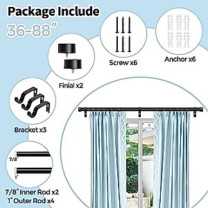 VOIIY Curtain Rods for Windows 48 to 84 Inch(4-7 Feet),Black 1'' Diameter Drapery Rods with End Cap Style Design,Modern Adjustable Heavy Duty Curtain Rod,Size:36''-88''