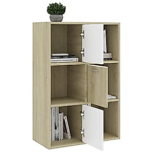 GOLINPEILO Bookcase Storage Organizer Cabinet with 3 Open Cubes and 3 Cubes with Doors, Open Sideboard Bookshelf, Modern Storage Display Cabinet, 23.6"x11.6"x35.4", White and Sonoma Oak