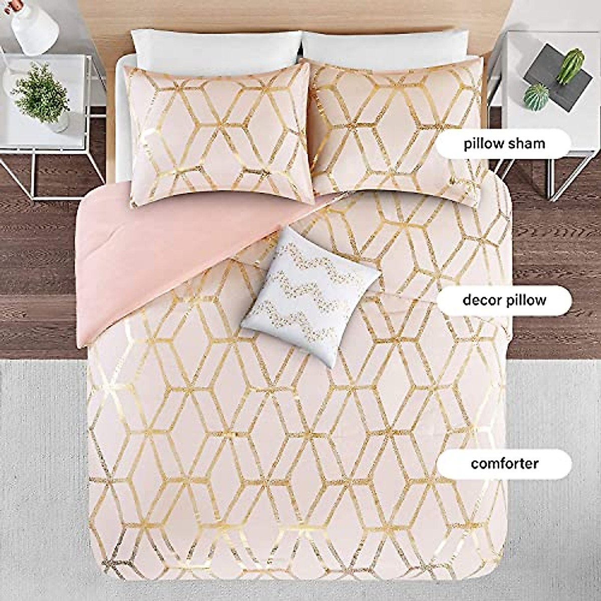 Comfort Spaces Vivian Comforter Set Ultra Soft All Season Lightweight Modern Geometric Glam Metallic Print Bedding, Matching Sham, Decorative Pillow, Full/Queen, Geometric Blush/Gold