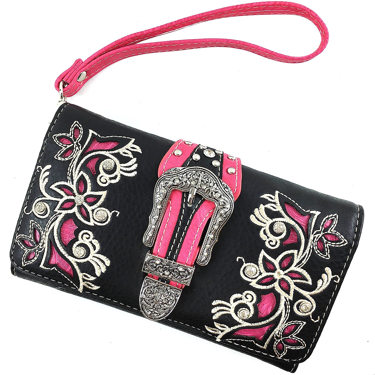 Justin West Tooled Laser Cut Leather Solid Rhinestone Silver Buckle Wristlet Trifold Wallet Attachable Long Strap (Black Hot Pink)