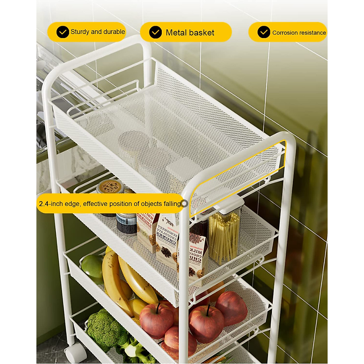 Rolling Utility Storage Rack Cart on Wheels, Trolley Carft cart, Multi-Purpose Organizer Shelf (White, 4 Tier)