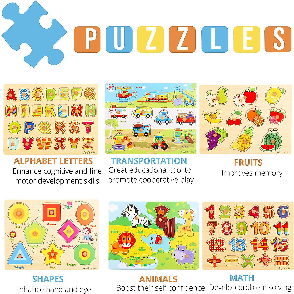 Premium Puzzles for Toddlers and Rack Set - (7 Pack) Includes 1 Learning Clock - 6 Alphabet, Numbers, Shapes, Animals, Cars, Fruits Puzzles
