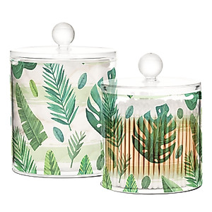 Tatenale Qtip Holder with Lid Apothecary Jars with Lids Cotton Swab Holder Dispenser for Storage Organizers Bathroom Accessories Set Cotton Ball Swab,Floss Picks 2 Pack Green Palm Leaves