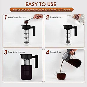 Lalord Cold Brew Coffee Maker - 42 oz Borosilicate Glass Coffee Pitcher, Iced Coffee Maker and Tea Brewer with Reusable Mesh Filter, 1.3 Quarts / 1.2 Liters