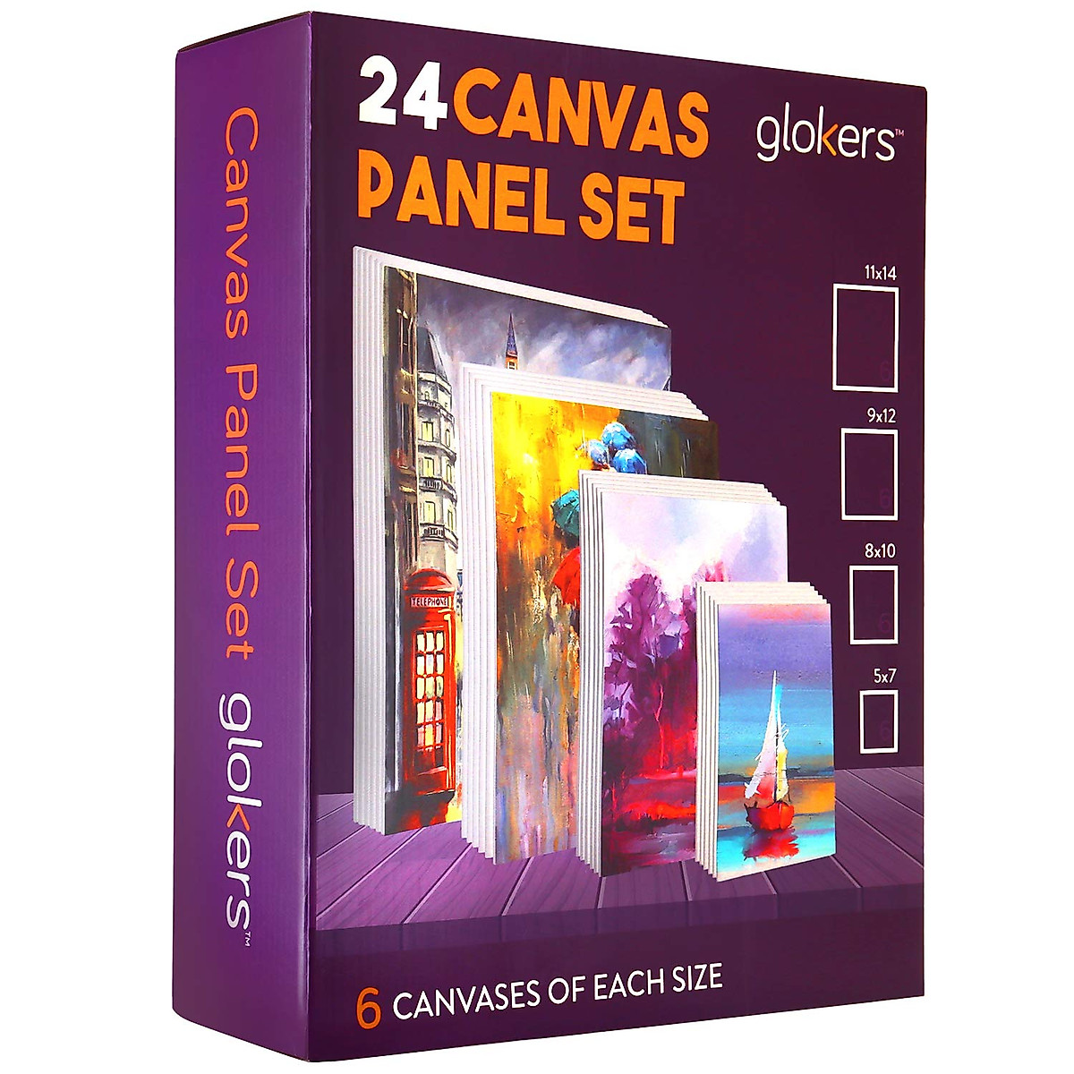 Glokers Paint Canvas Panels Set - 24 Primed Art Canvases for Painting - 11x14, 9x12, 8x10, 5x7 - White Cotton Blank Canvas Board Great for Wet or Dry Media, Acrylic, Oil, Gouache & Tempera