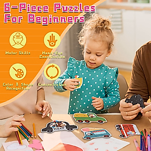 FLYINGSEEDS 6 Packs Vehicles Shaped Wooden Jigsaw Puzzles for Toddlers 1-3, Easy Puzzles with Pattern Blocks, Montessori Learning Toys Preschool Educational Game Class Teaching Best Gifts for Kids 2-4